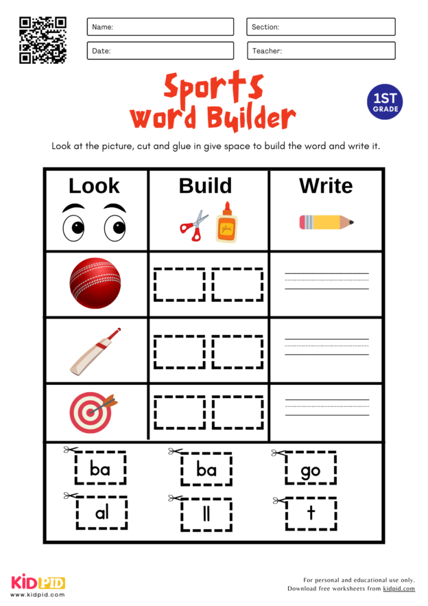 Sports Word Builder Worksheet For Grade 1 - Kidpid