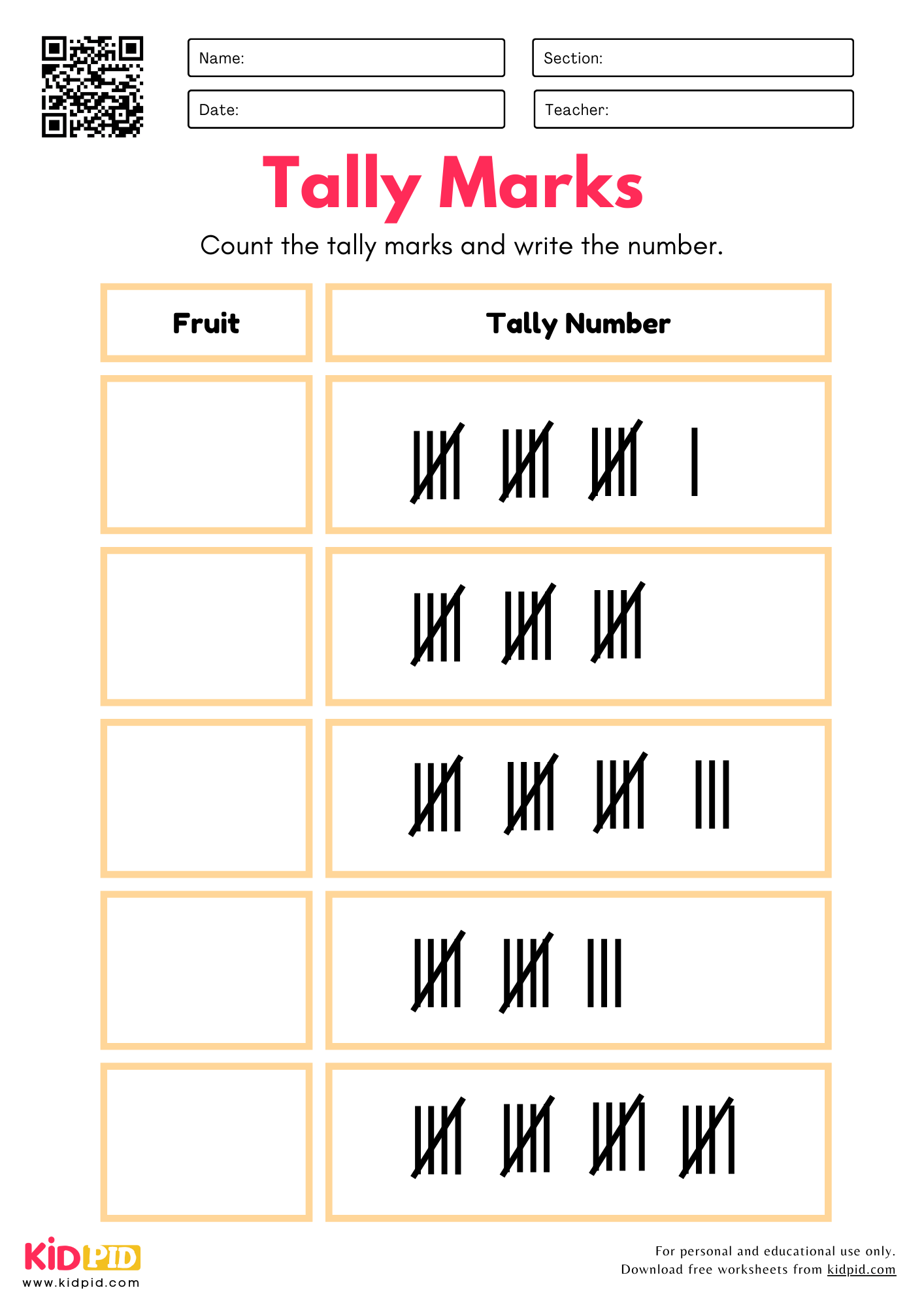 Tally Marks and Numbers Worksheet For Grade 1 - Kidpid