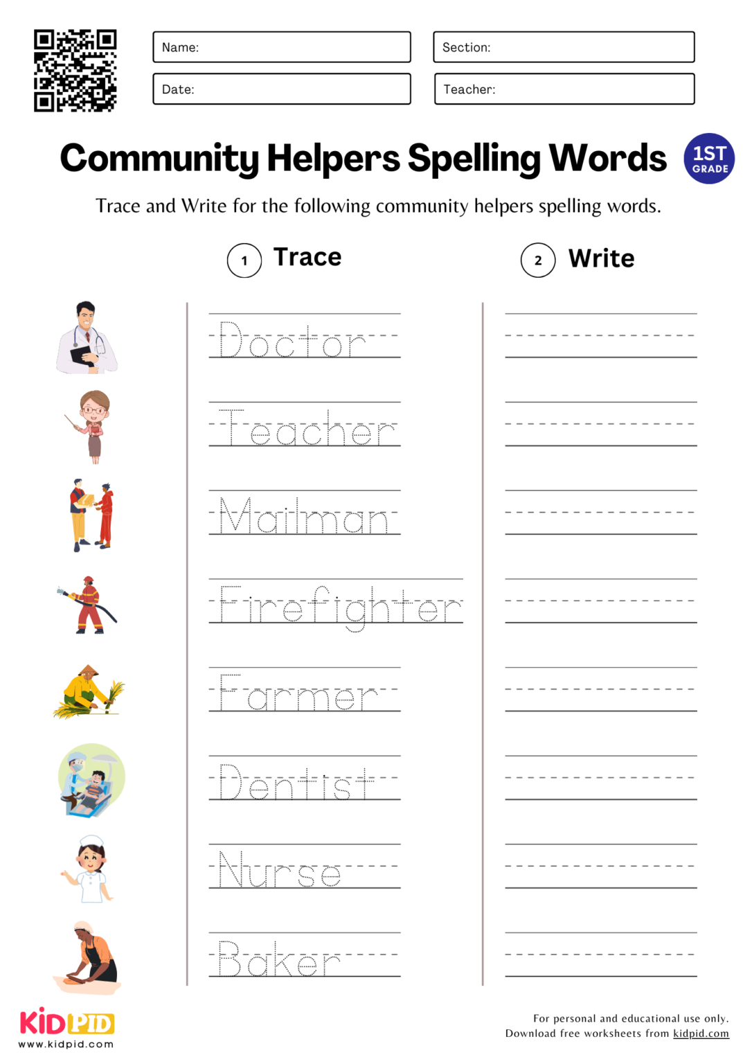 Trace & Write Spelling Word Worksheets For Grade 1 - Kidpid