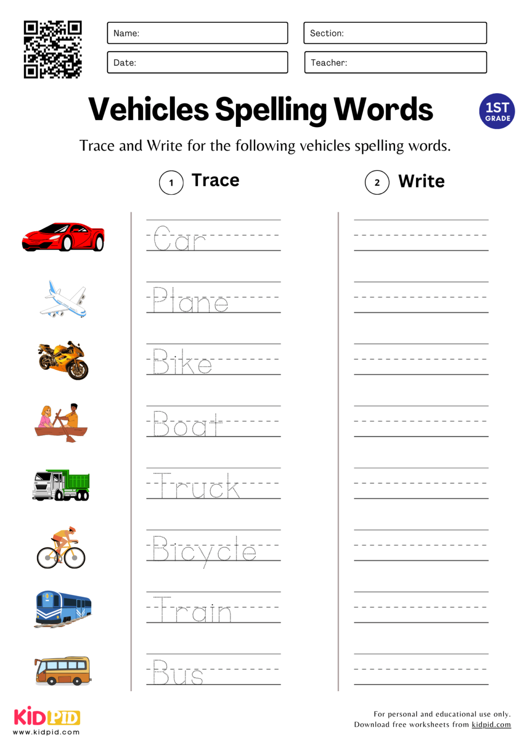 Trace & Write Spelling Word Worksheets For Grade 1 - Kidpid