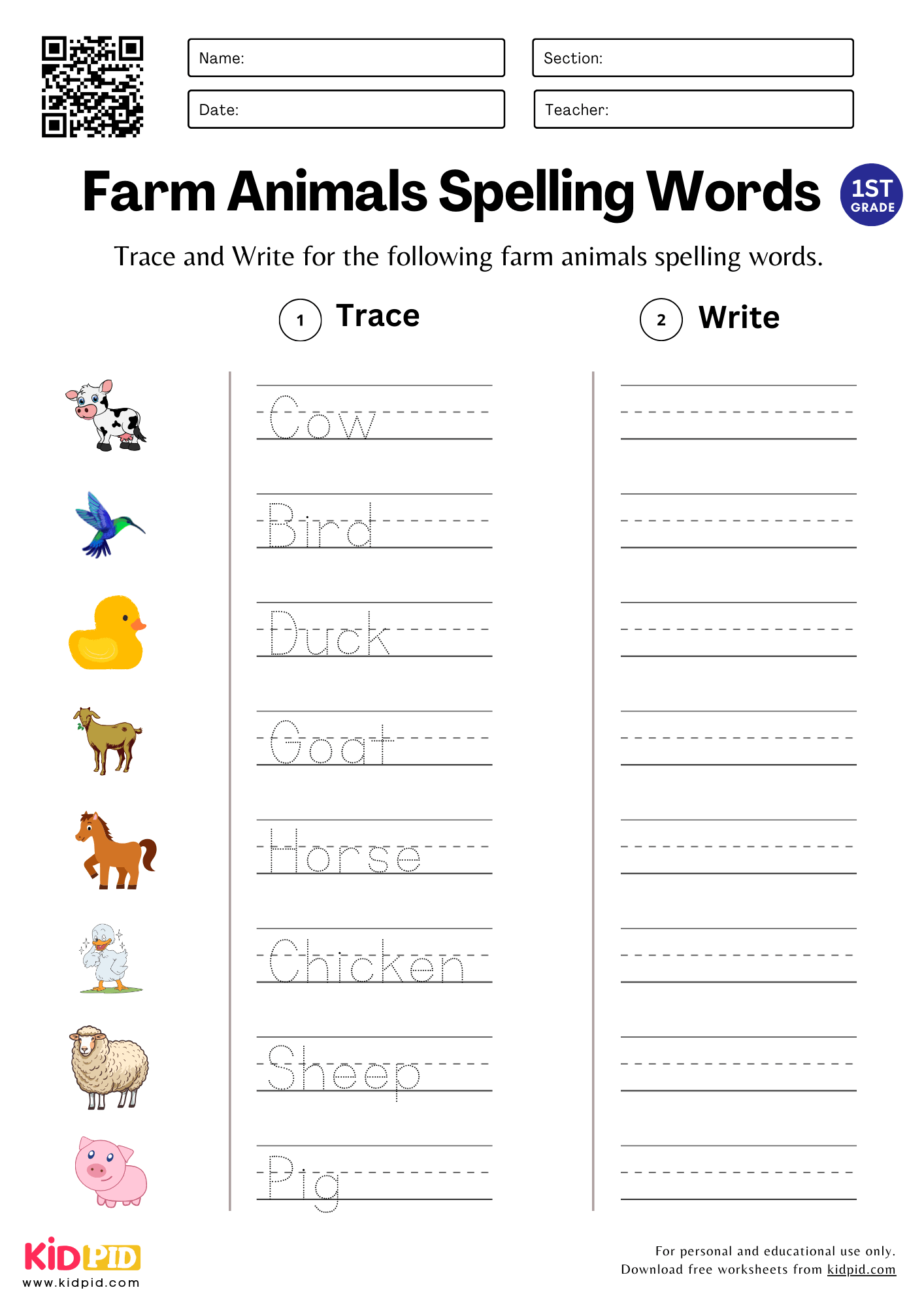 Trace & Write Spelling Word Worksheets For Grade 1 - Kidpid