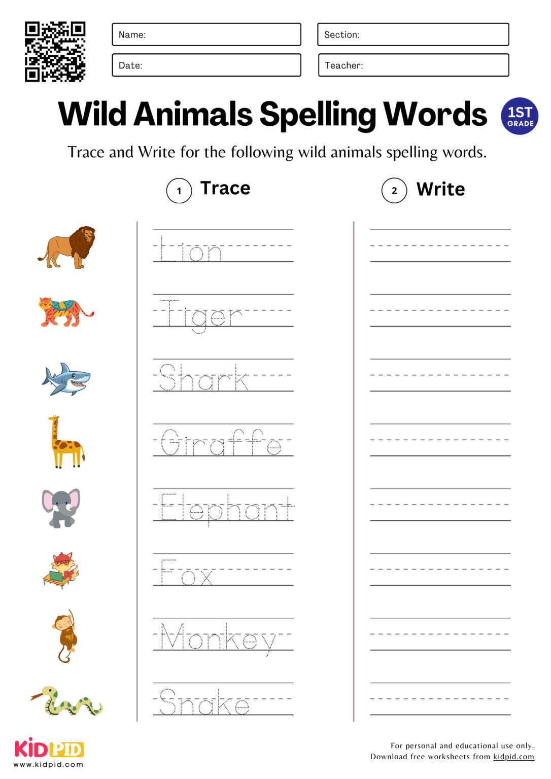 Trace & Write Spelling Word Worksheets For Grade 1 - Kidpid