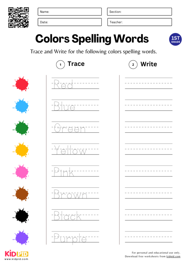 Trace & Write Spelling Word Worksheets For Grade 1 - Kidpid