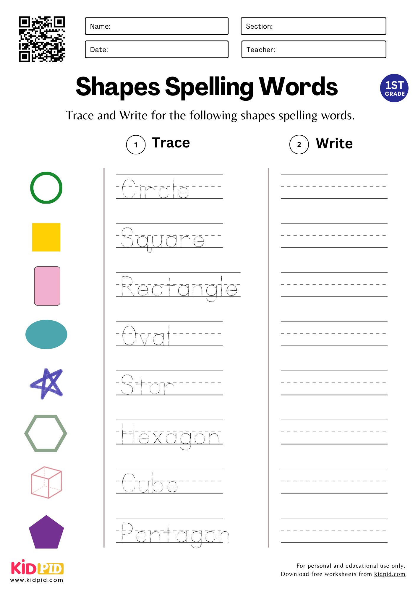 Trace & Write Spelling Word Worksheets For Grade 1 - Kidpid