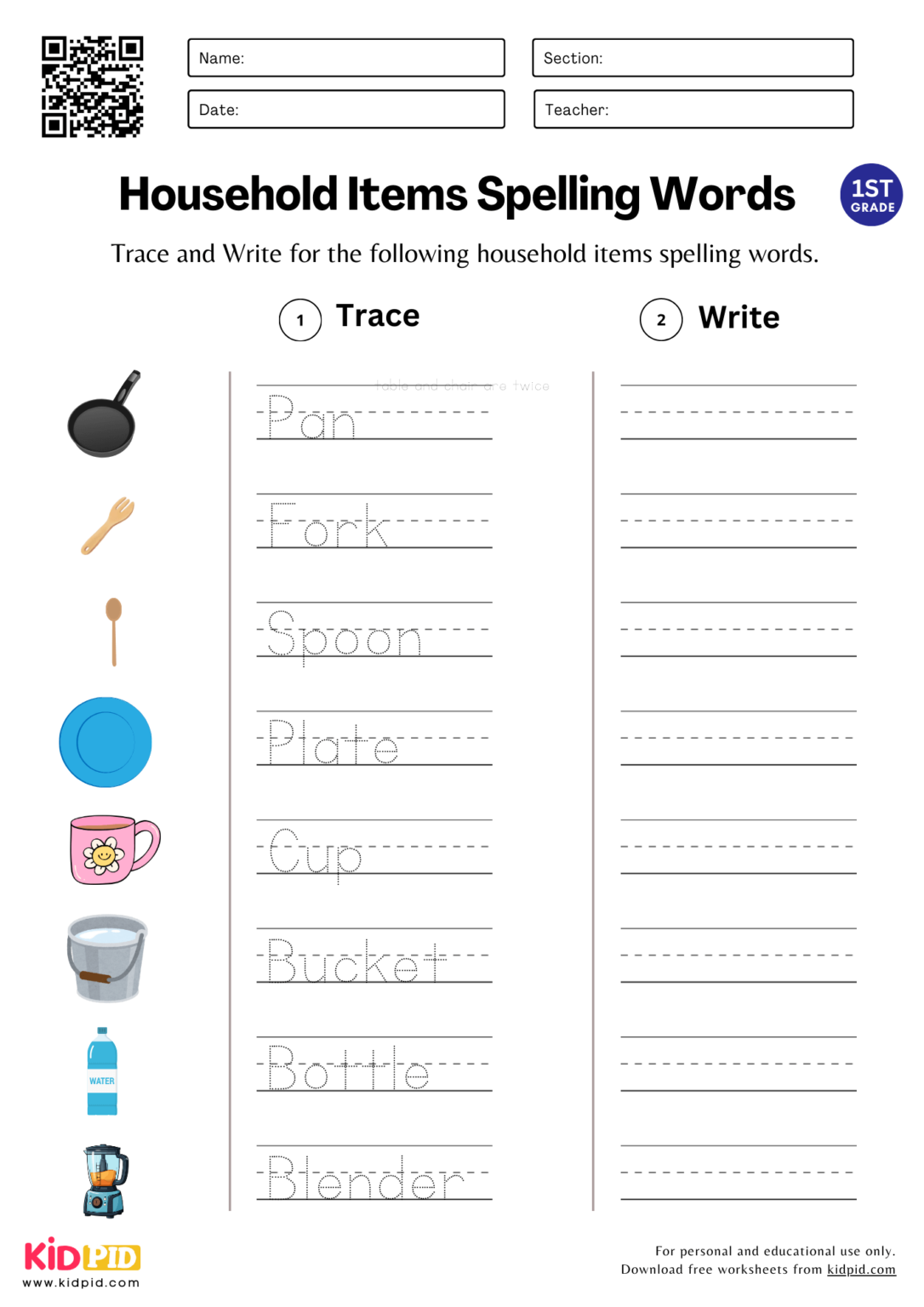 Trace & Write Spelling Word Worksheets For Grade 1 - Kidpid