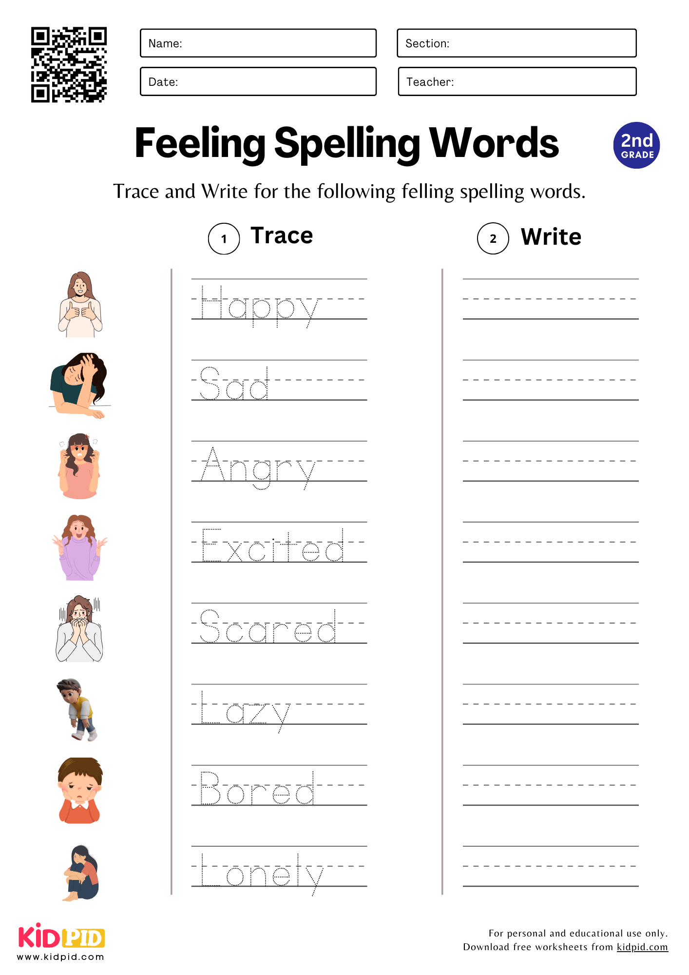 Trace & Write Spelling Words Worksheet For Grade 2 - Kidpid