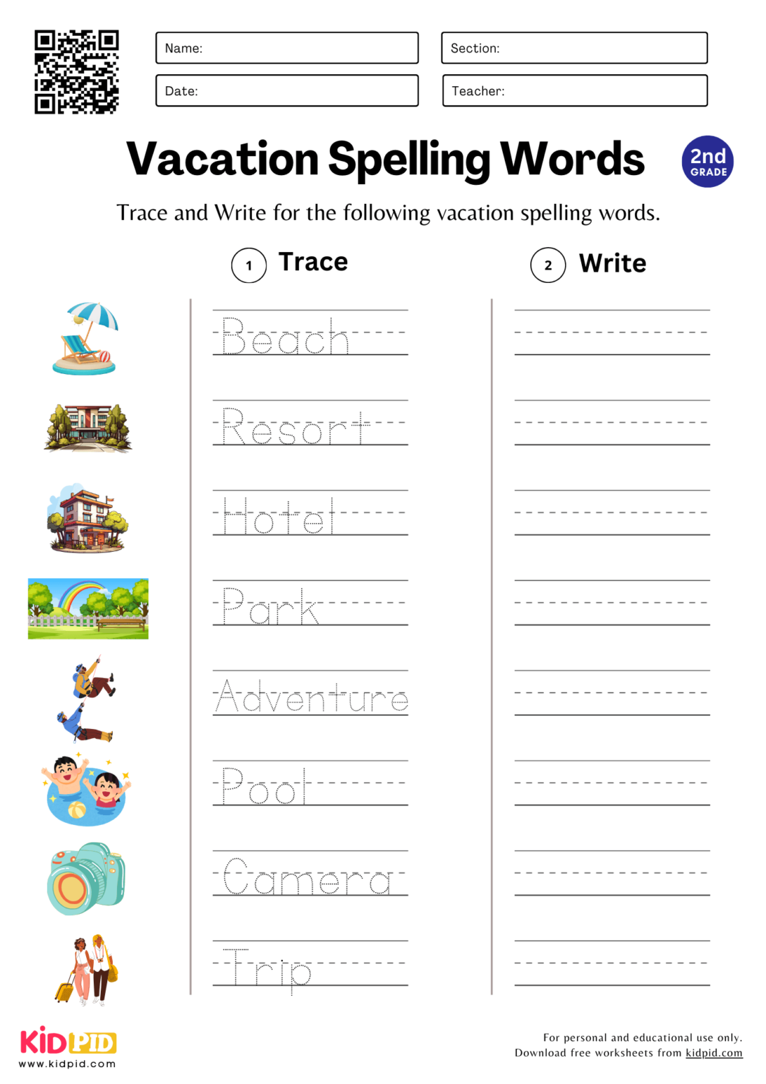Trace & Write Spelling Words Worksheet For Grade 2 - Kidpid