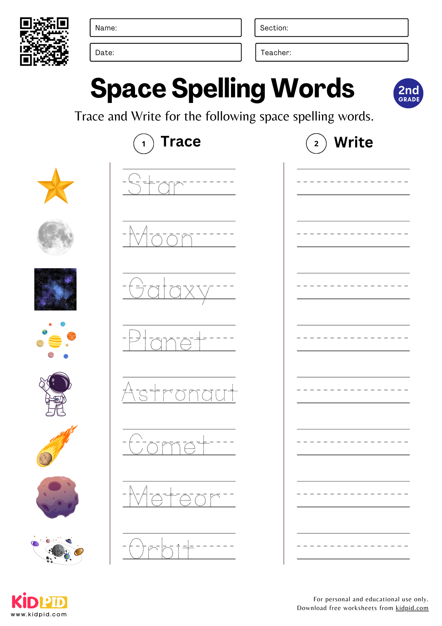 Trace & Write Spelling Words Worksheet For Grade 2 - Kidpid
