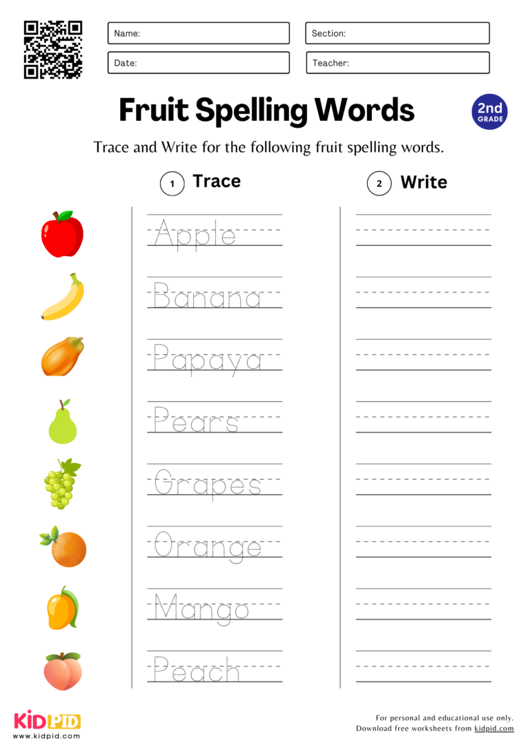 Trace & Write Spelling Words Worksheet For Grade 2 - Kidpid