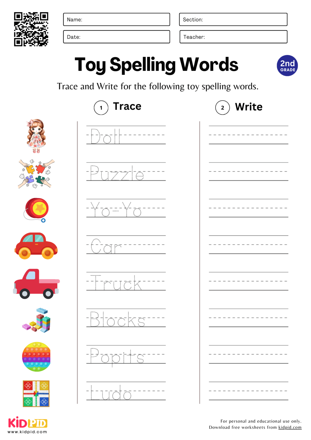 Trace & Write Spelling Words Worksheet For Grade 2 - Kidpid