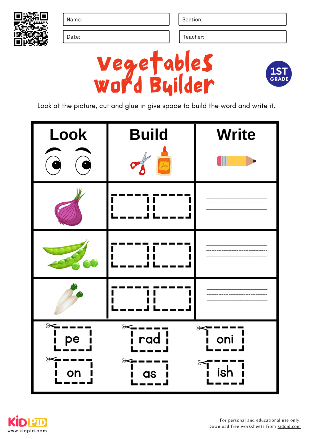 Vegetables Word Builder Worksheet For Grade 1 - Kidpid