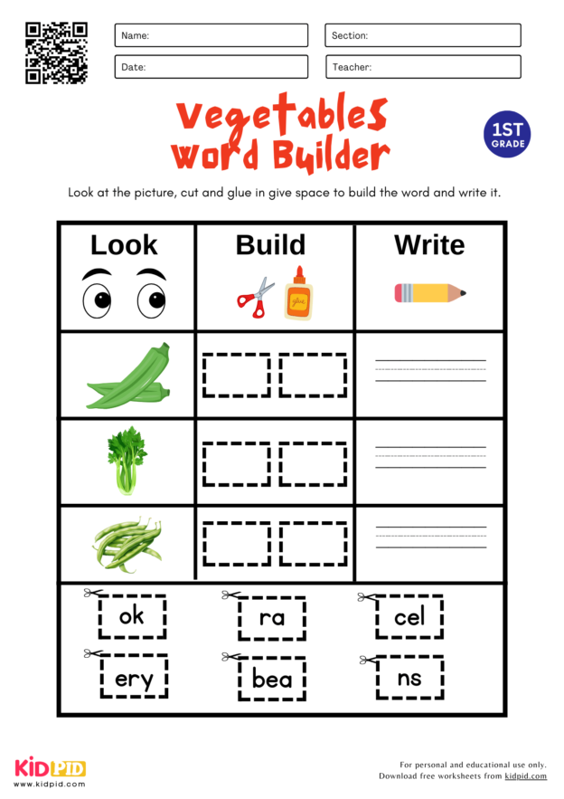 Vegetables Word Builder Worksheet For Grade 1 - Kidpid