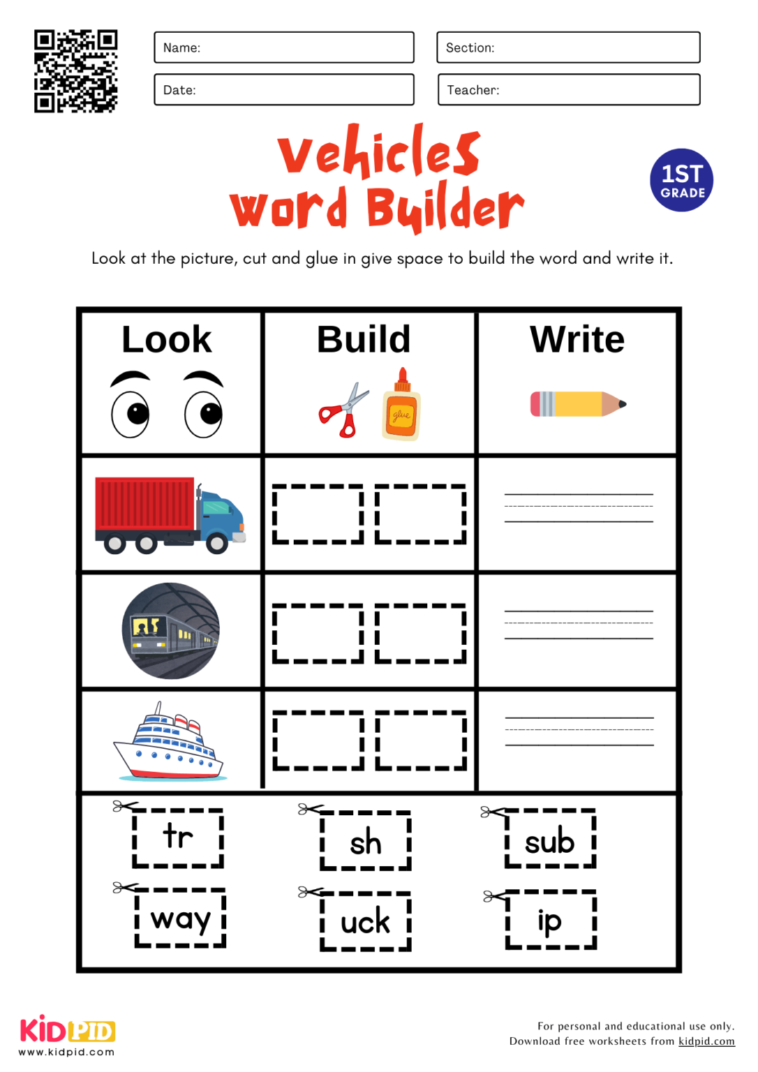 Vehicles Word Builder Worksheet For Grade 1 - Kidpid