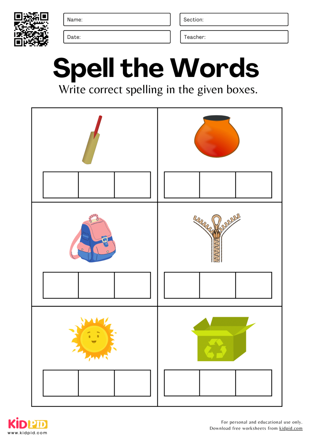 Write Spellings for Pictures Worksheet for Grade 1 - Kidpid