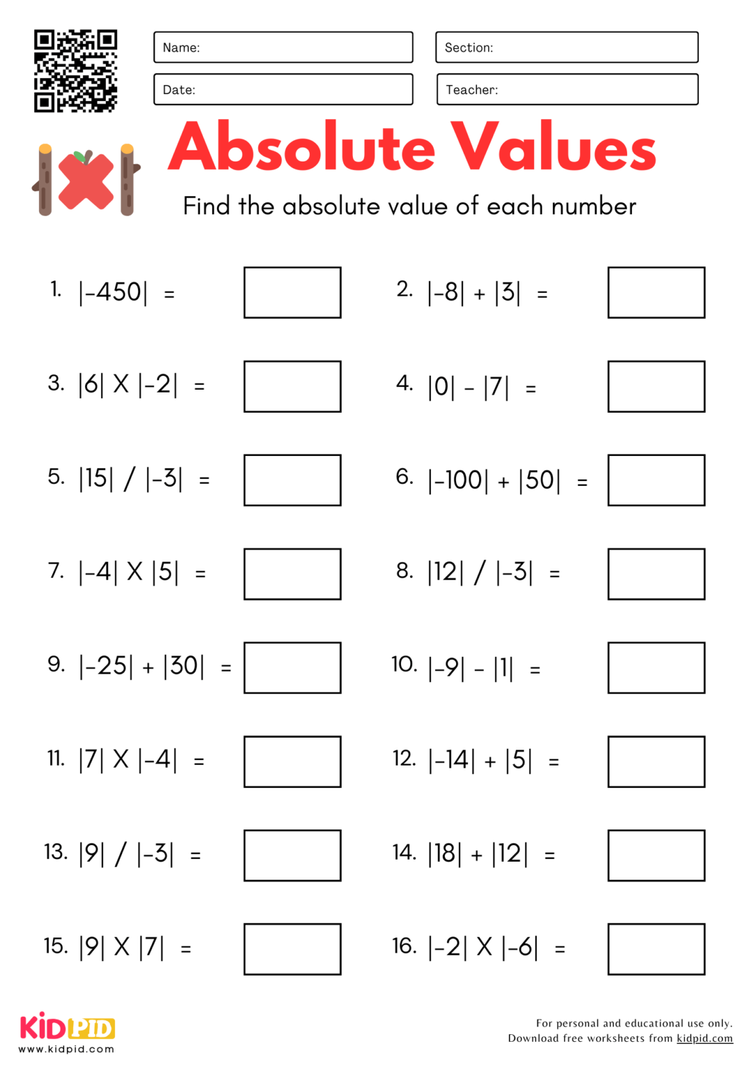 Integers Worksheet for Grade 5 - Kidpid