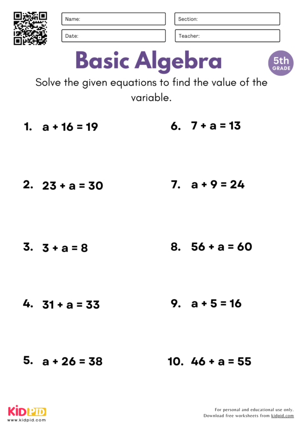 Algebra Worksheets For Grade 5 - Kidpid