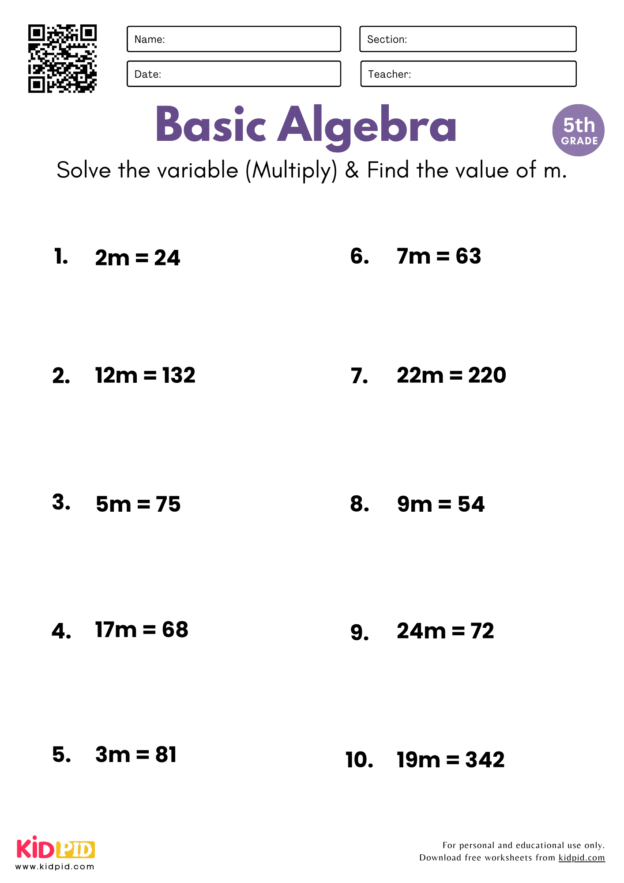 Algebra Worksheets For Grade 5 - Kidpid