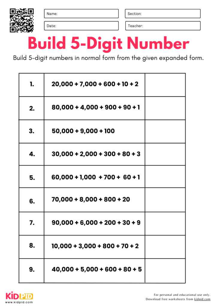 Build 5-Digit Numbers from Parts - Place Value Worksheet For Grade 5 ...