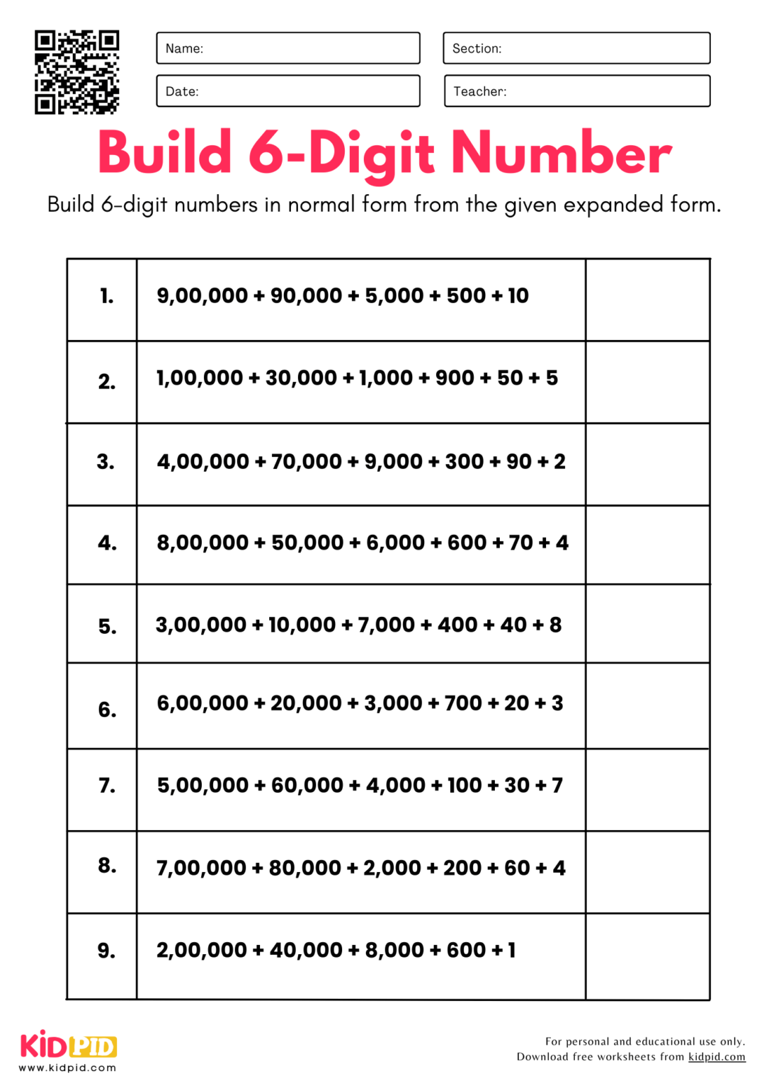 Build 6-Digit Numbers from Parts - Place Value Worksheet For Grade 5 ...