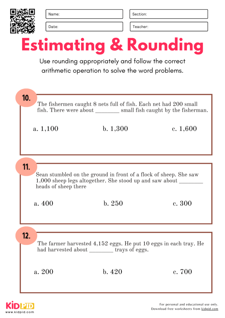 Estimating & Rounding Word Problems Worksheet For Grade 4 - Kidpid