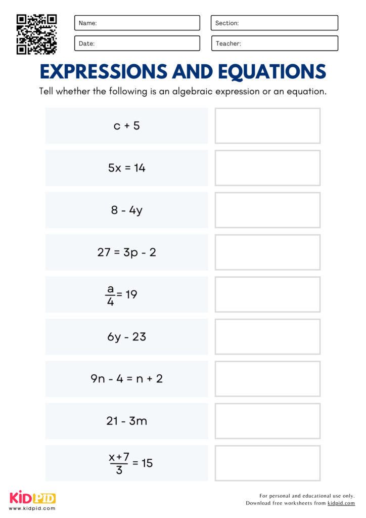Algebra Worksheets For Grade 5 - Kidpid