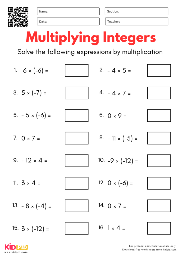 Integers Worksheet for Grade 5 - Kidpid