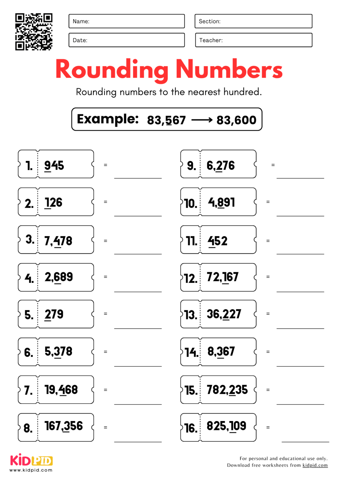 Rounding Numbers to Nearest 100 Worksheet For Grade 5 - Kidpid