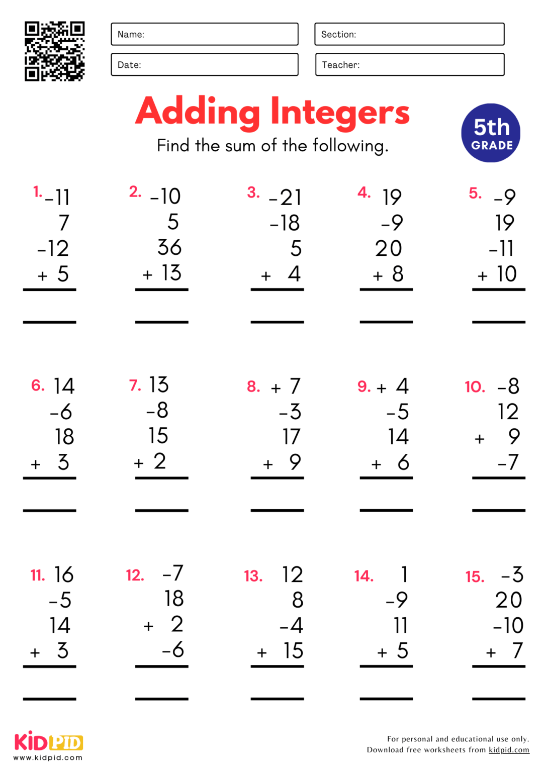 Integers Worksheet for Grade 5 - Kidpid