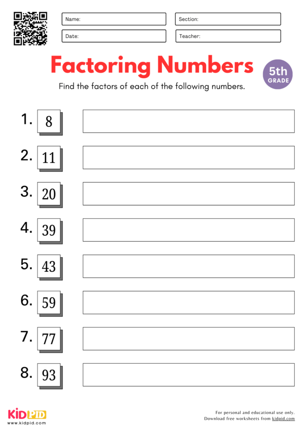 Factoring Worksheets for Grade 5 - Kidpid