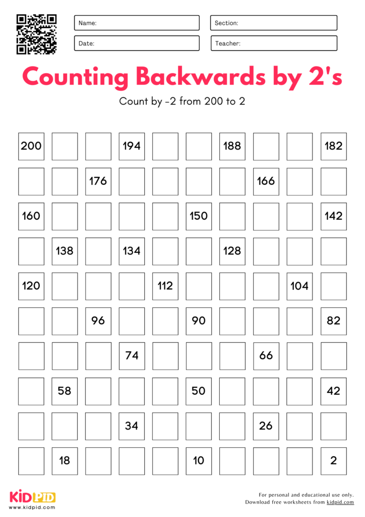 Number Chart Counting Backward Worksheets For Grade 1 - Kidpid