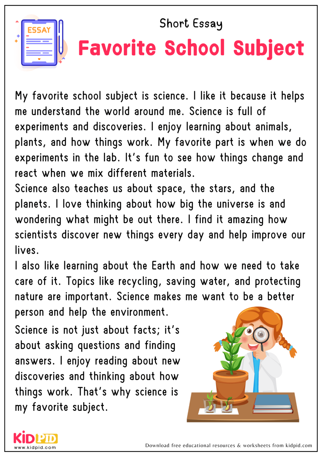 Essay - Favorite School Subject - Kidpid