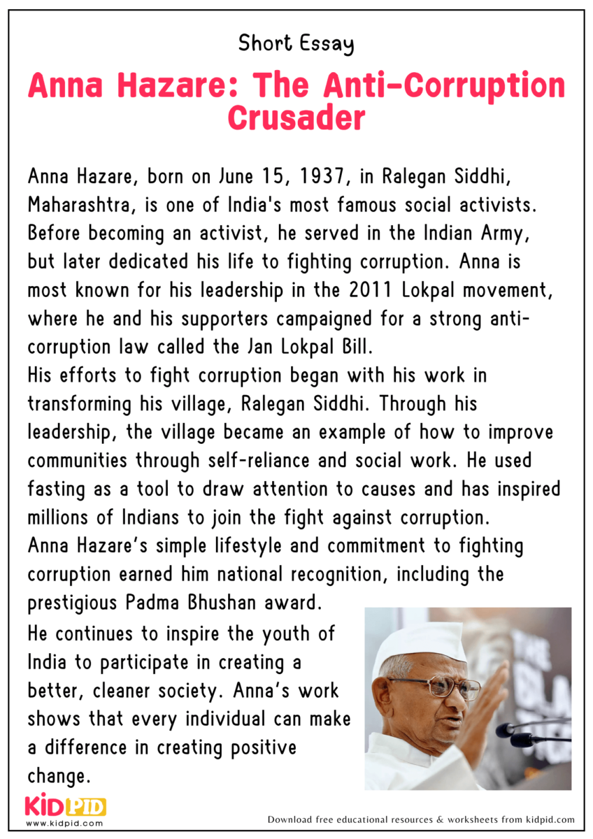 Essay - Anna Hazare: The Anti-Corruption Crusader - Kidpid
