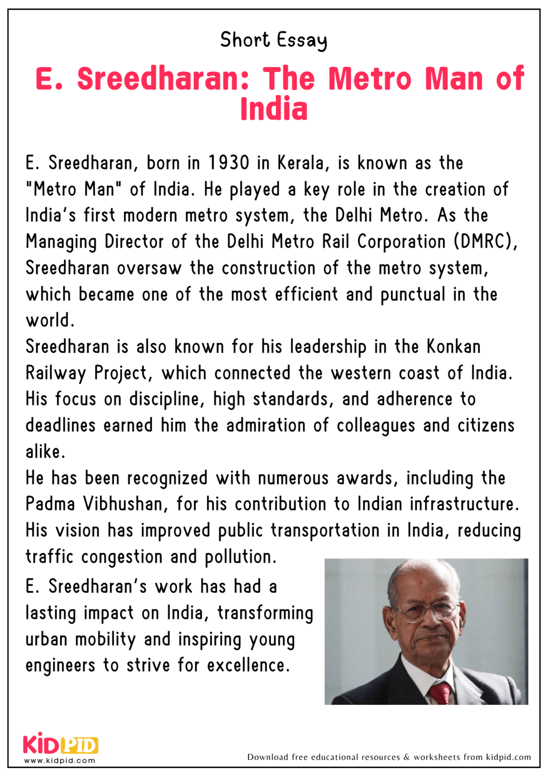 Essay - E. Sreedharan: The Metro Man of India - Kidpid