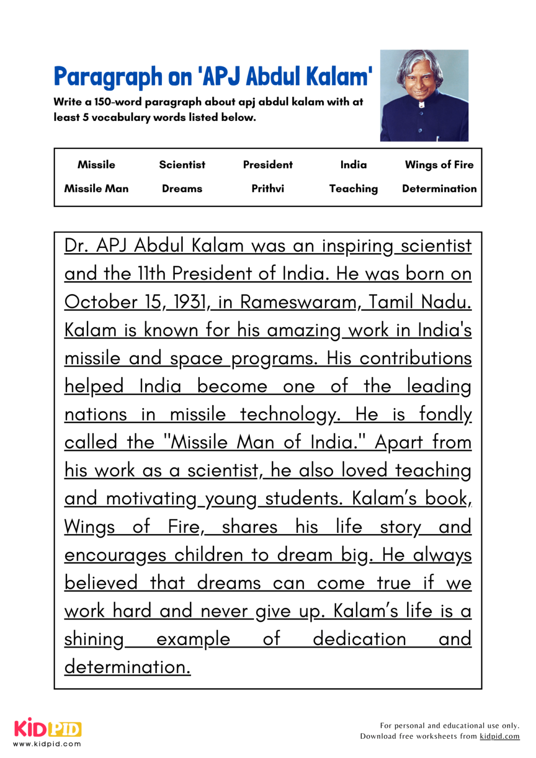 Paragraph on 'APJ Abdul Kalam' - Kidpid
