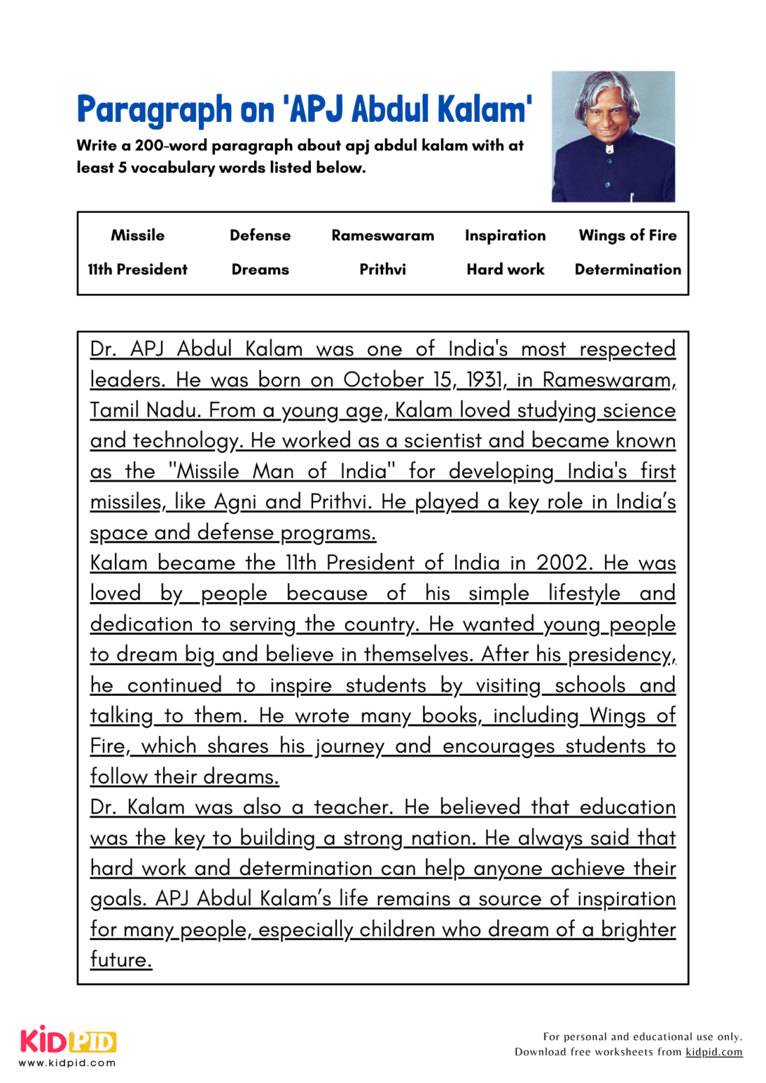 Paragraph on 'APJ Abdul Kalam' - Kidpid