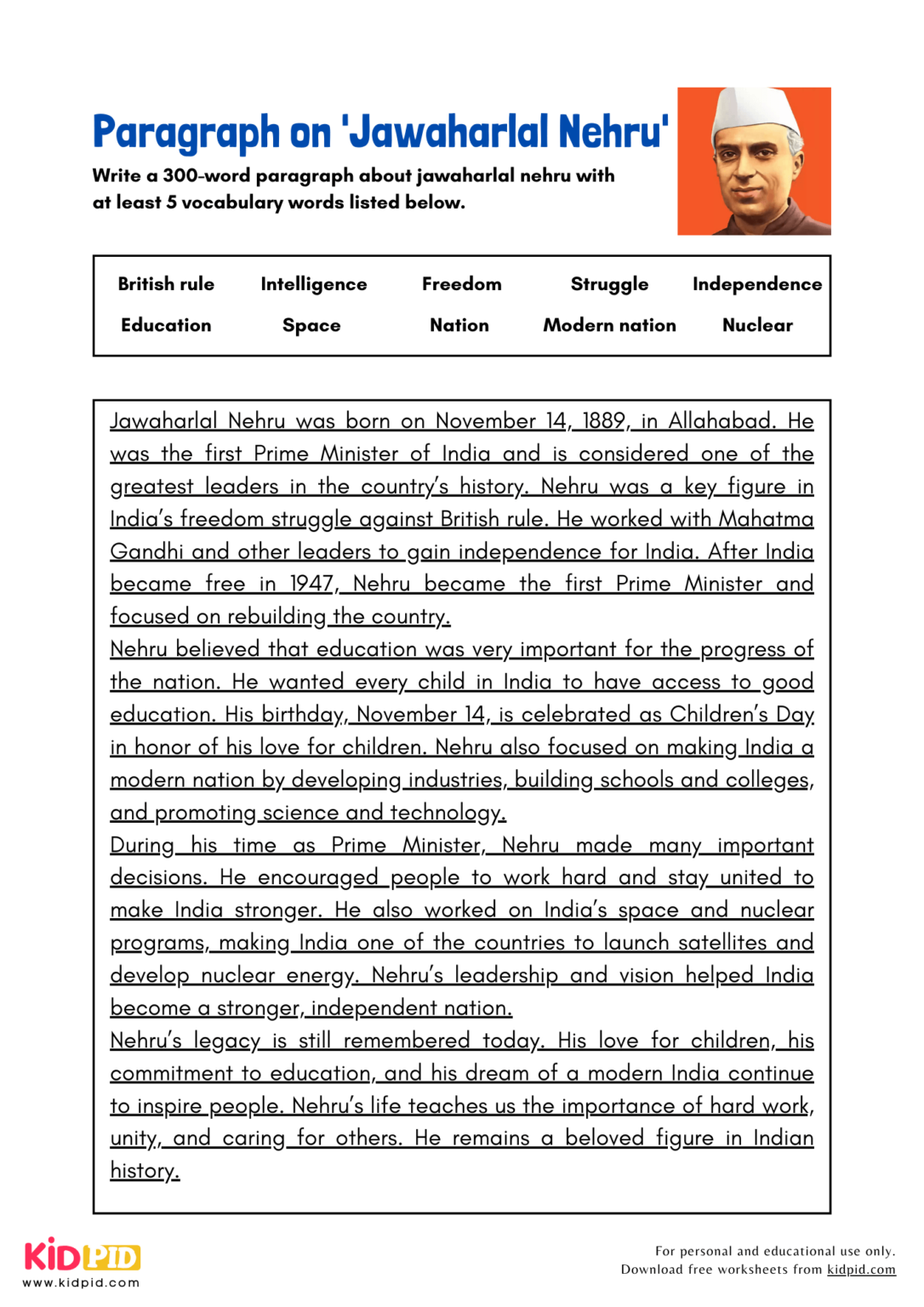 Paragraph on 'Jawaharlal Nehru' - Kidpid