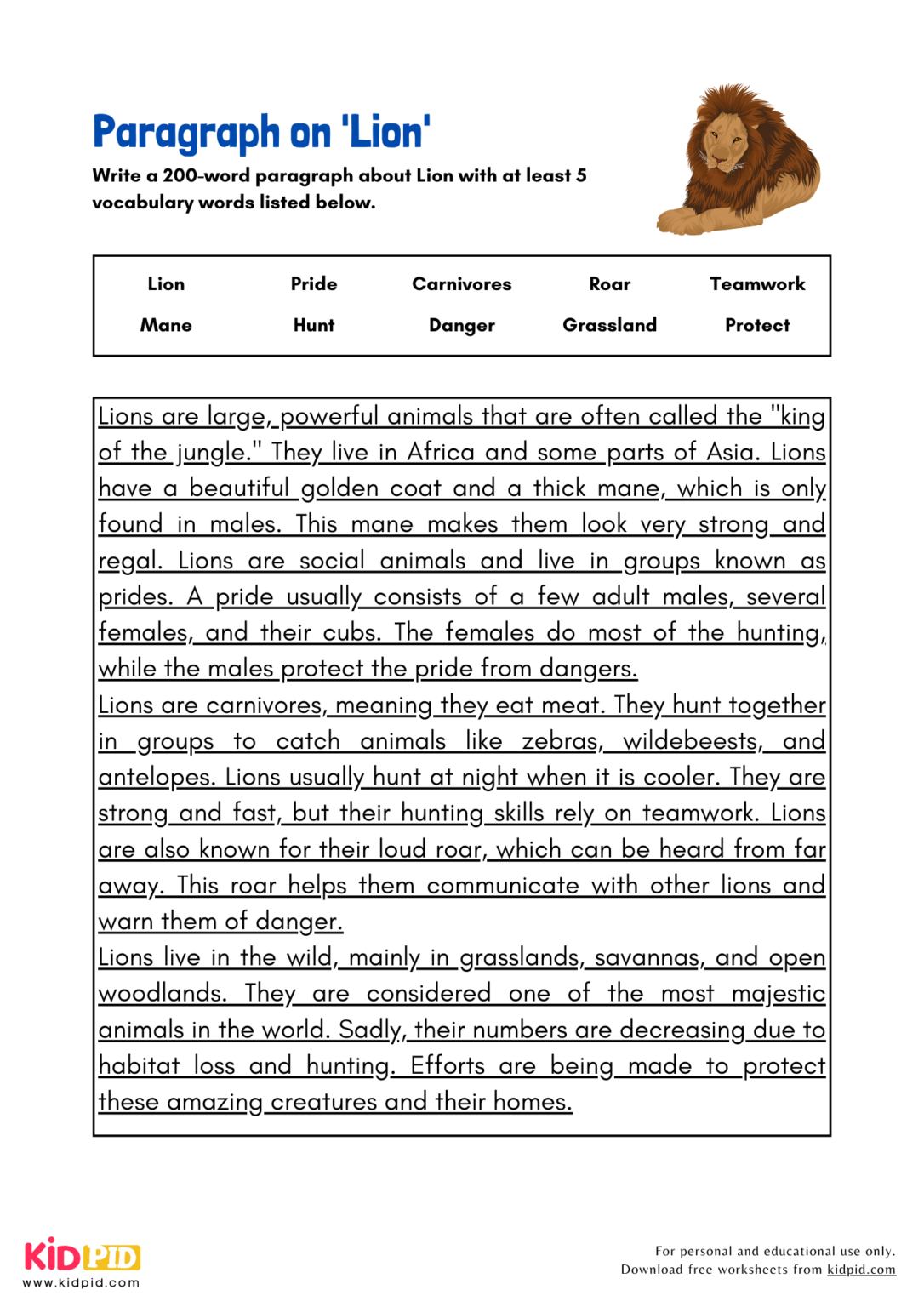 Paragraph on 'Lion' - Kidpid