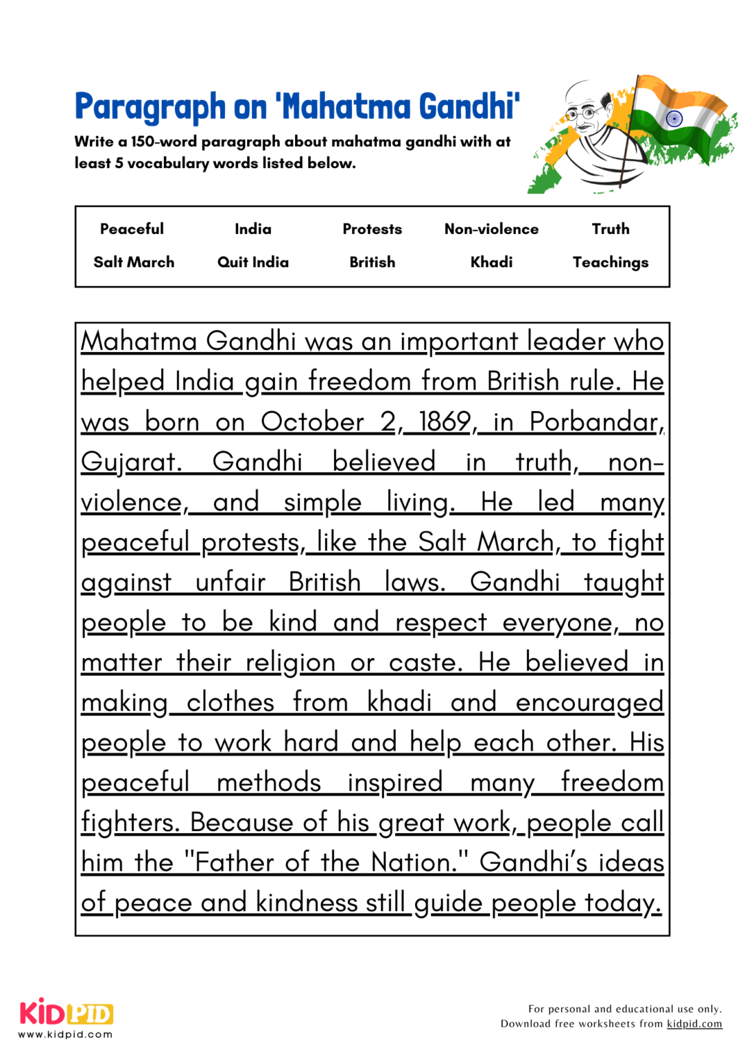 Paragraph on 'Mahatma Gandhi' - Kidpid