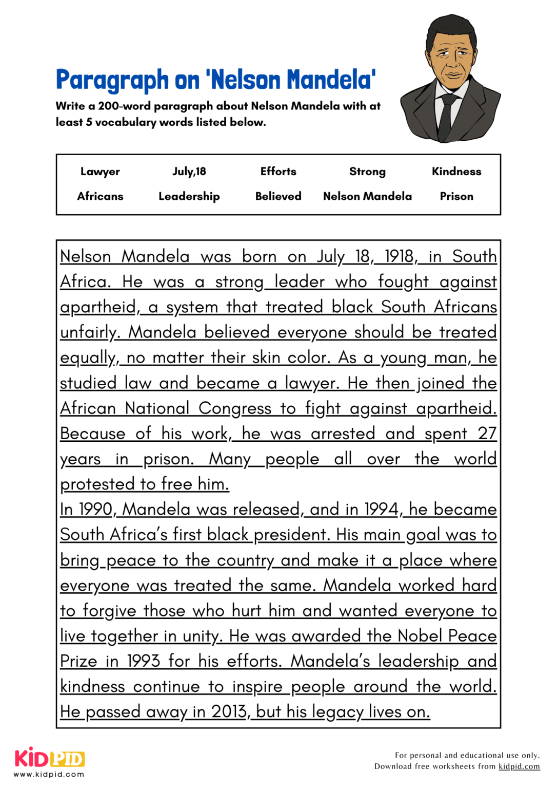 Paragraph on 'Nelson Mandela' - Kidpid