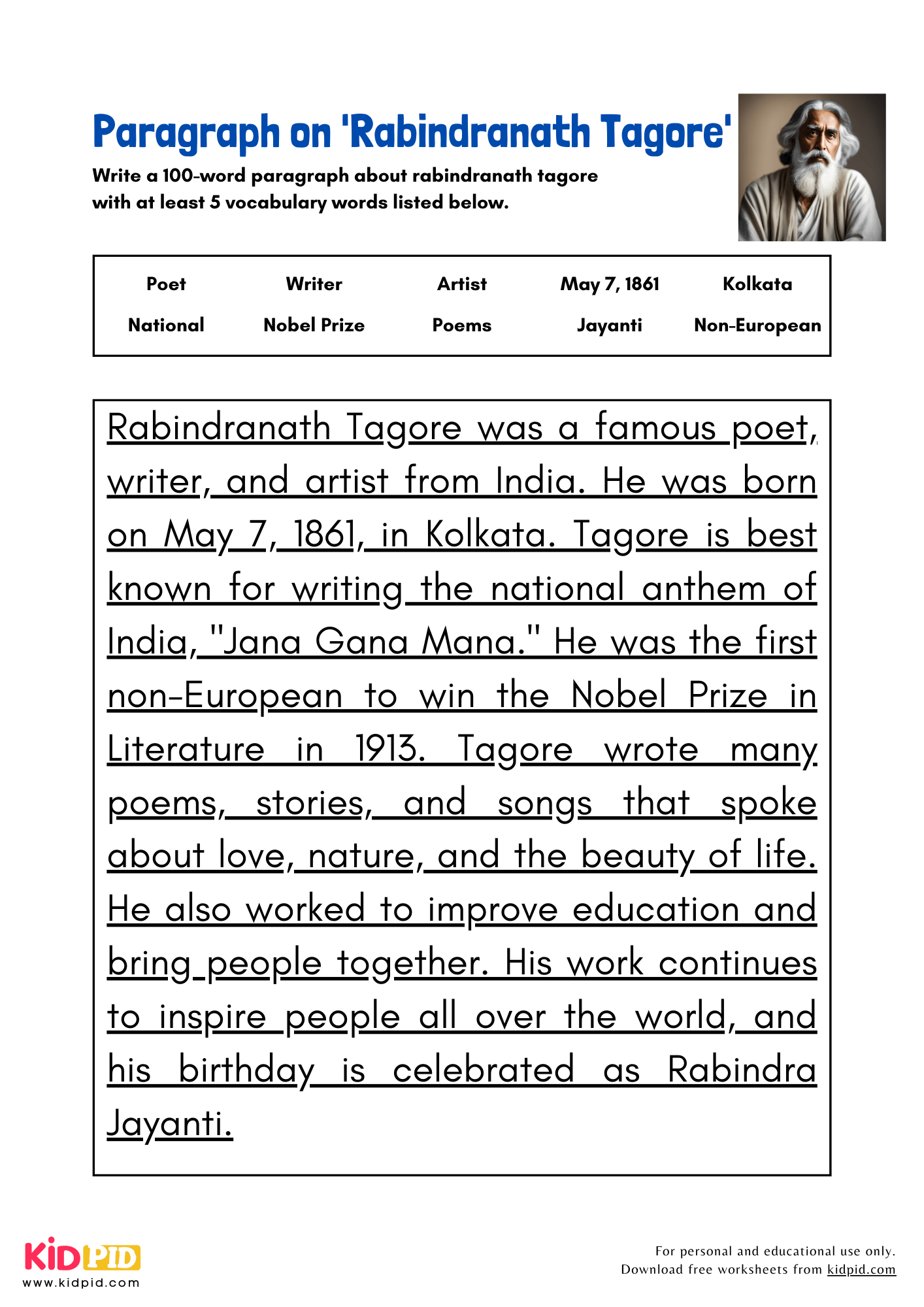 Paragraph on 'Rabindranath Tagore' - Kidpid