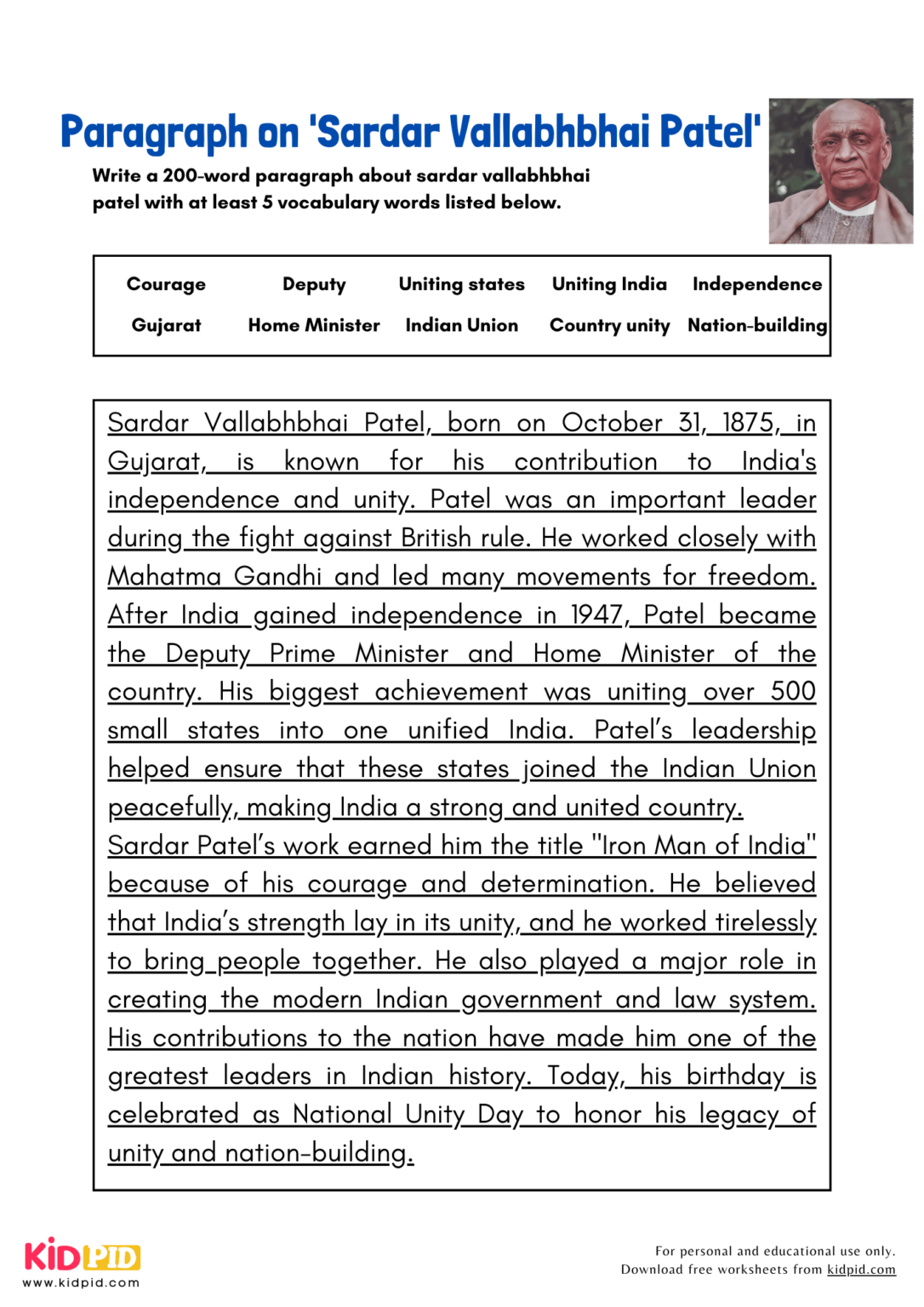 Paragraph on 'Sardar Vallabhbhai Patel' - Kidpid