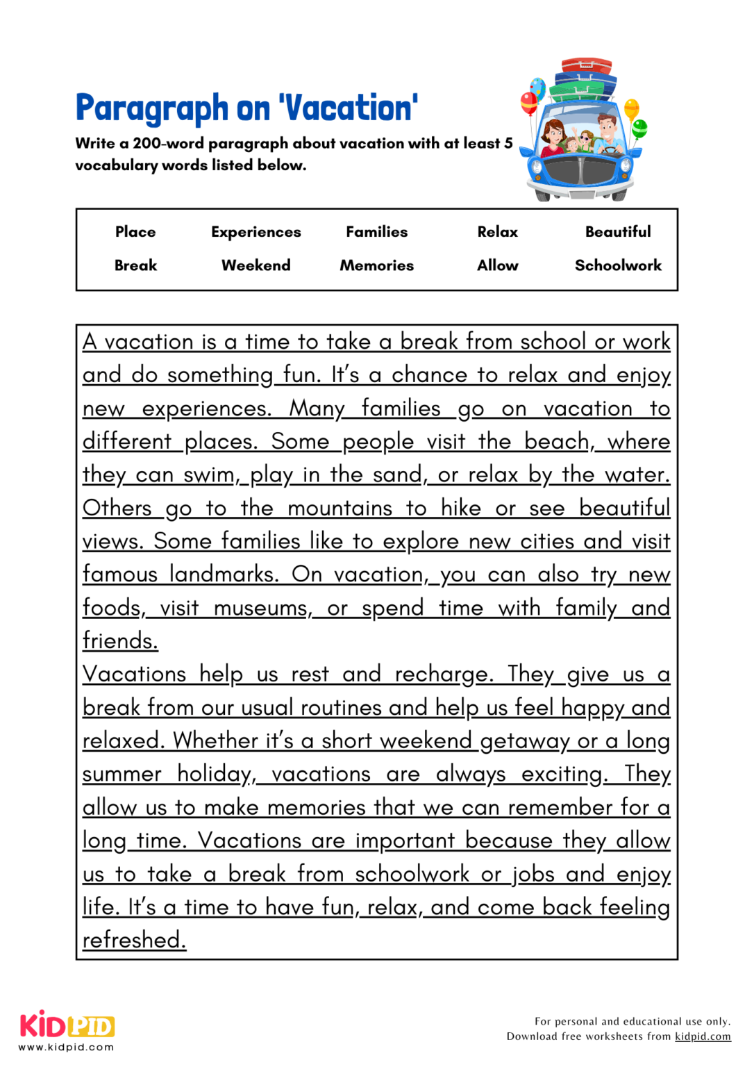 Paragraph on 'Vacation' - Kidpid