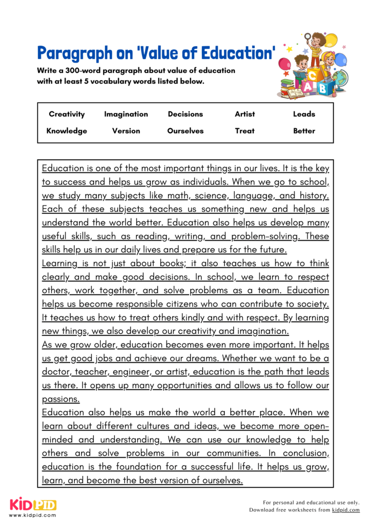 Paragraph on 'Value of Education' - Kidpid