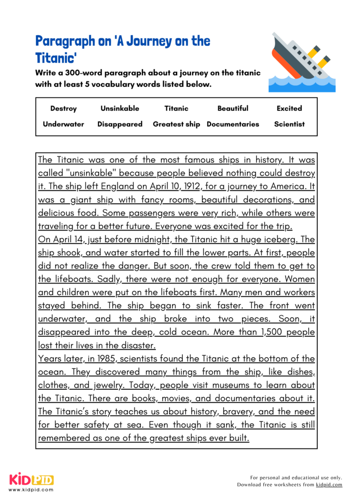 Paragraph on 'A Journey on the Titanic' - Kidpid