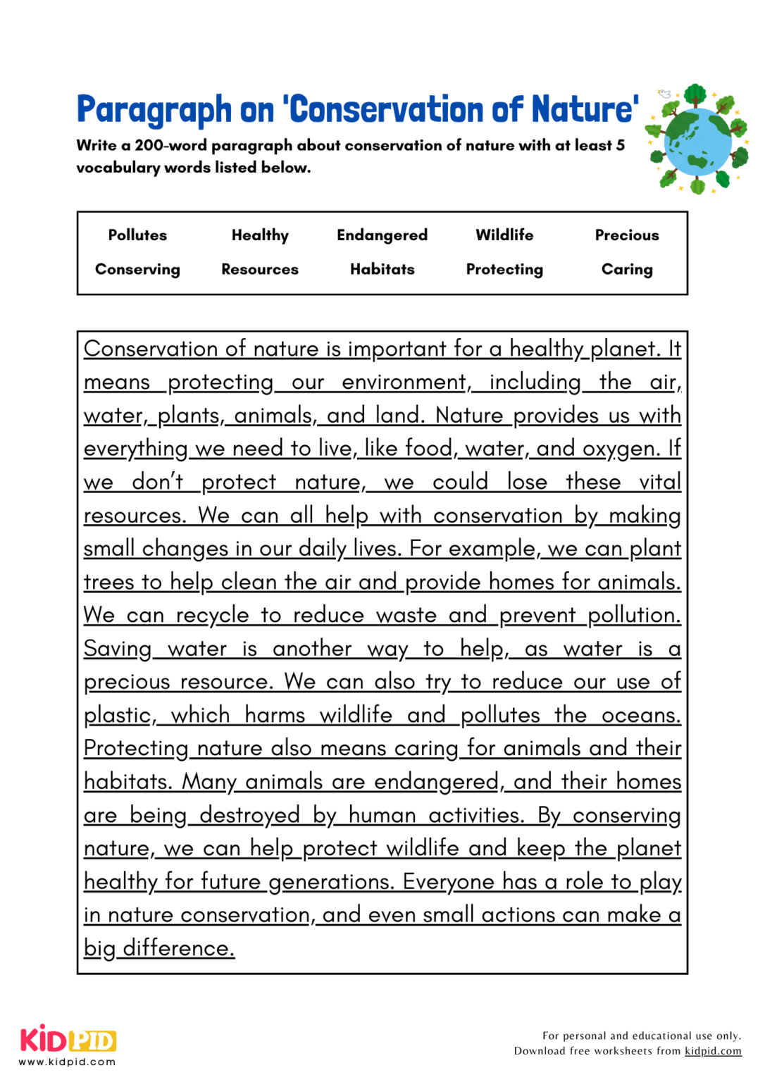 Paragraph on 'Conservation of Nature' - Kidpid