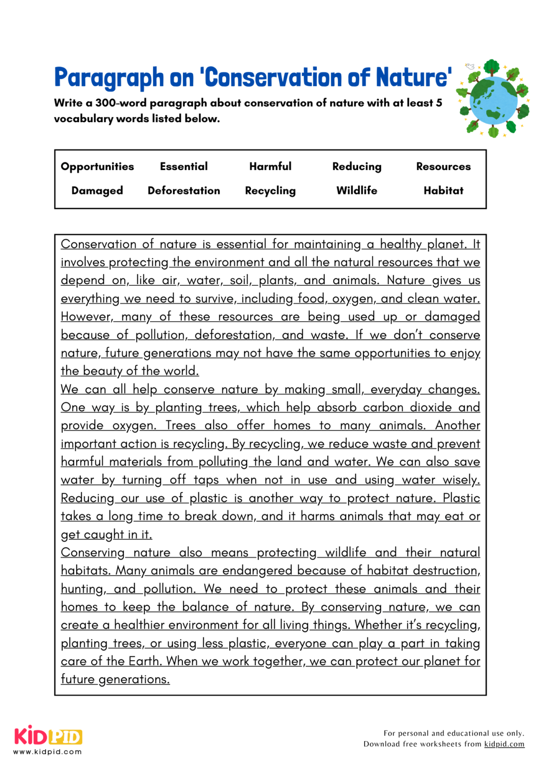 Paragraph on 'Conservation of Nature' - Kidpid