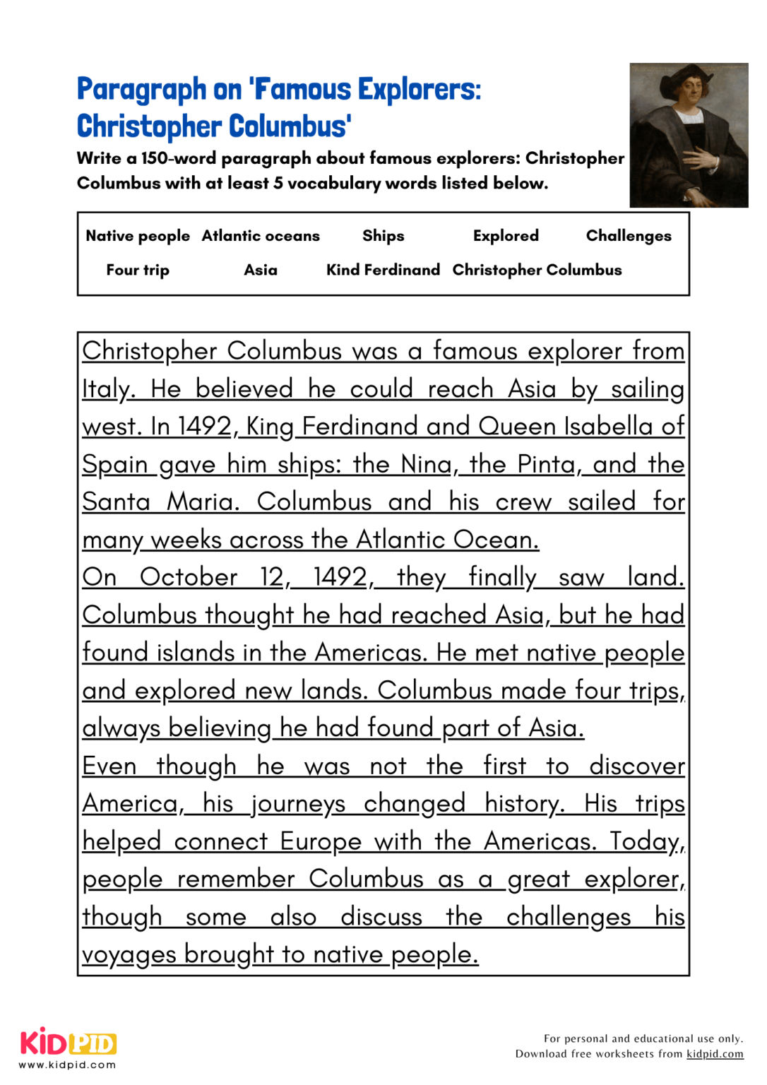 Paragraph on 'Famous Explorers: Christopher Columbus' - Kidpid