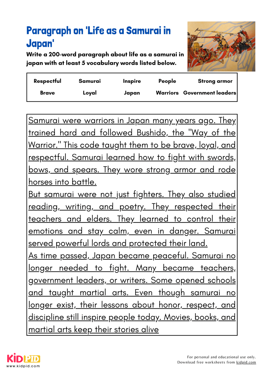 Paragraph on 'Life as a Samurai in Japan' - Kidpid