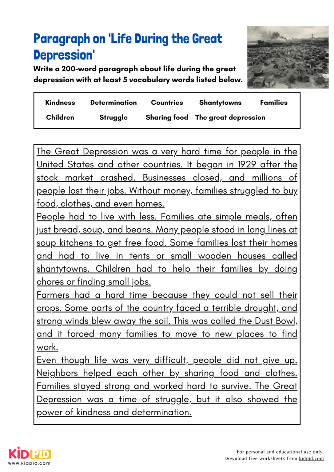 Paragraph on 'Life During the Great Depression' - Kidpid