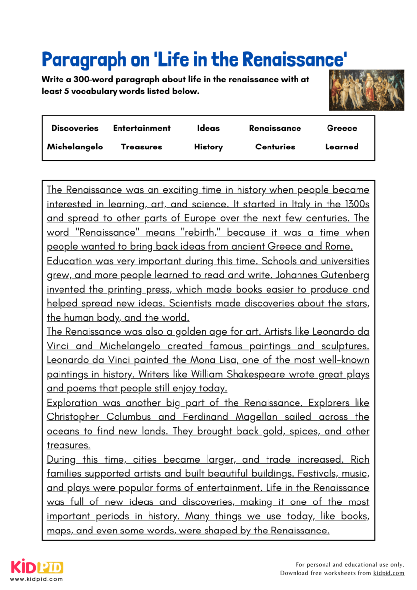 Paragraph on 'Life in the Renaissance' - Kidpid